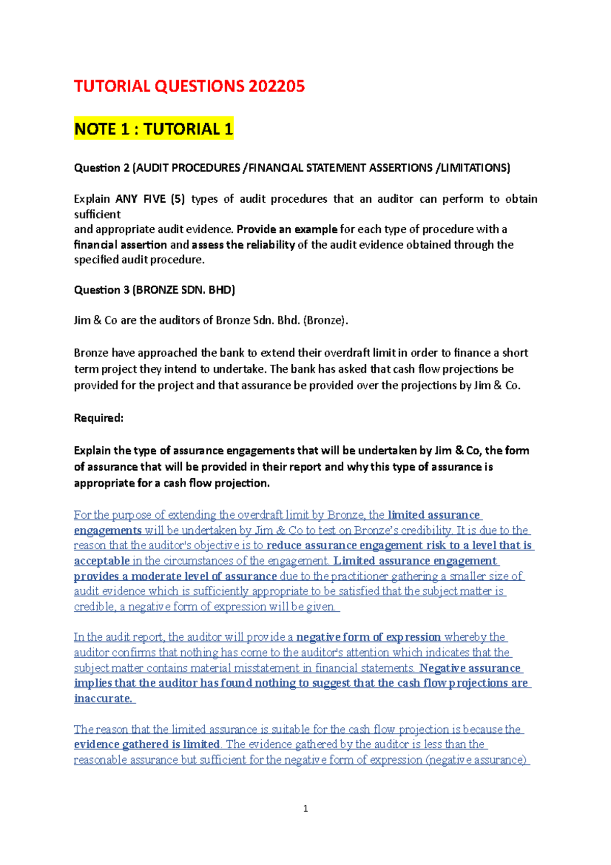 Tutorial Questions 202205 - TUTORIAL QUESTIONS 202205 NOTE 1 : TUTORIAL 1 Question 2 (AUDIT ...