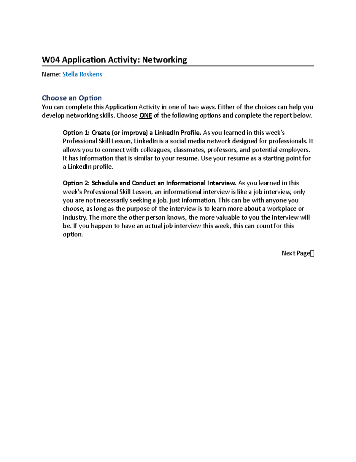 Pc102 W04 Application Activity Report: Networking Skills Development - Studocu