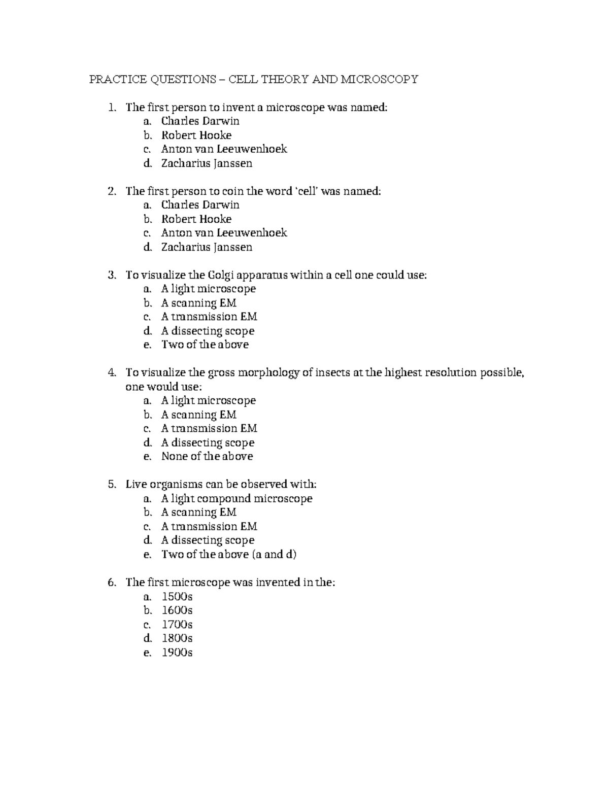 PRACTICE QUESTIONS: CELL THEORY & MICROSCOPY 1 - Studocu