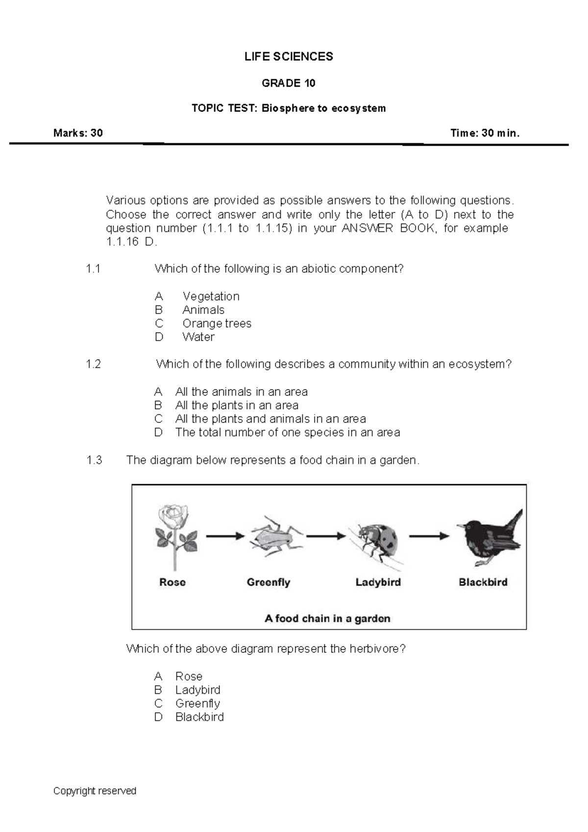 LIFE SCIENCES GRADE 10 TOPIC TEST: Biosphere to Ecosystem - Studocu