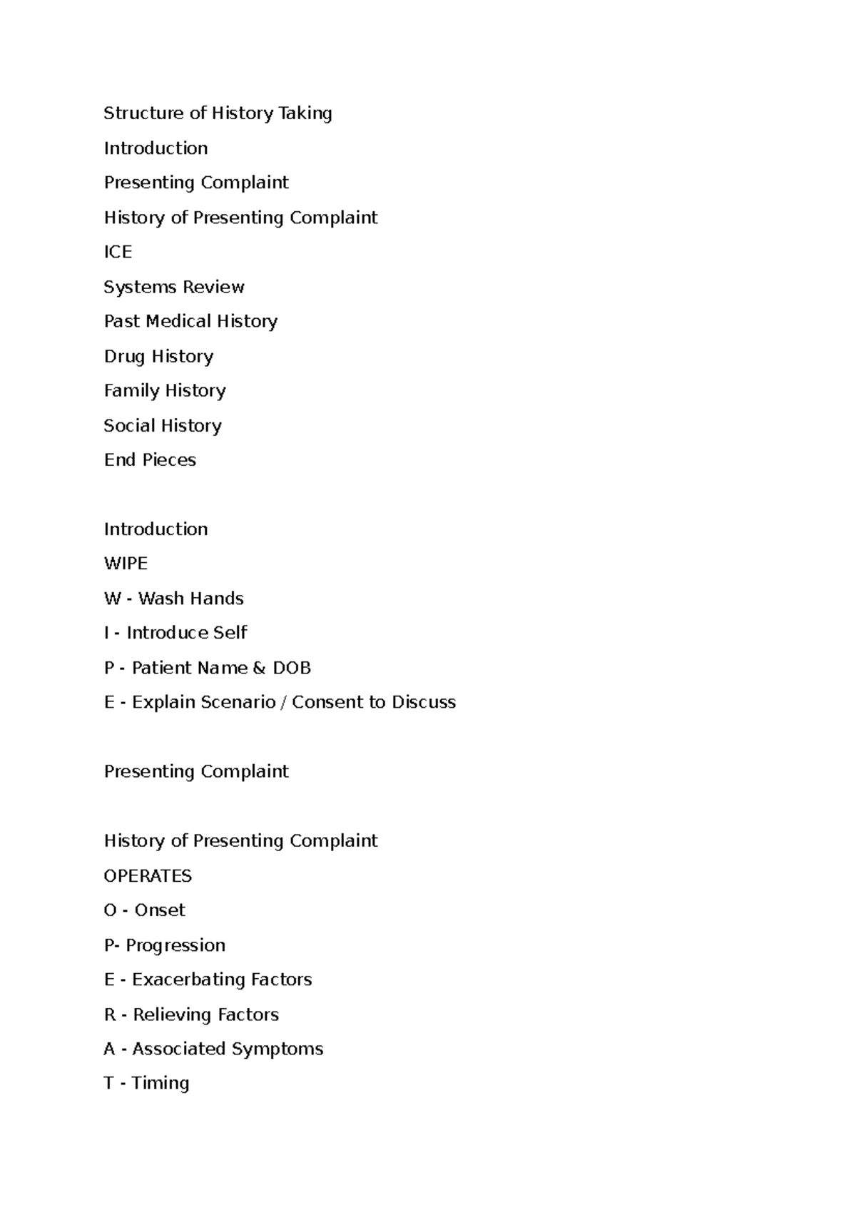 OSCE Mnemonics for History Taking and Patient Management - Studocu