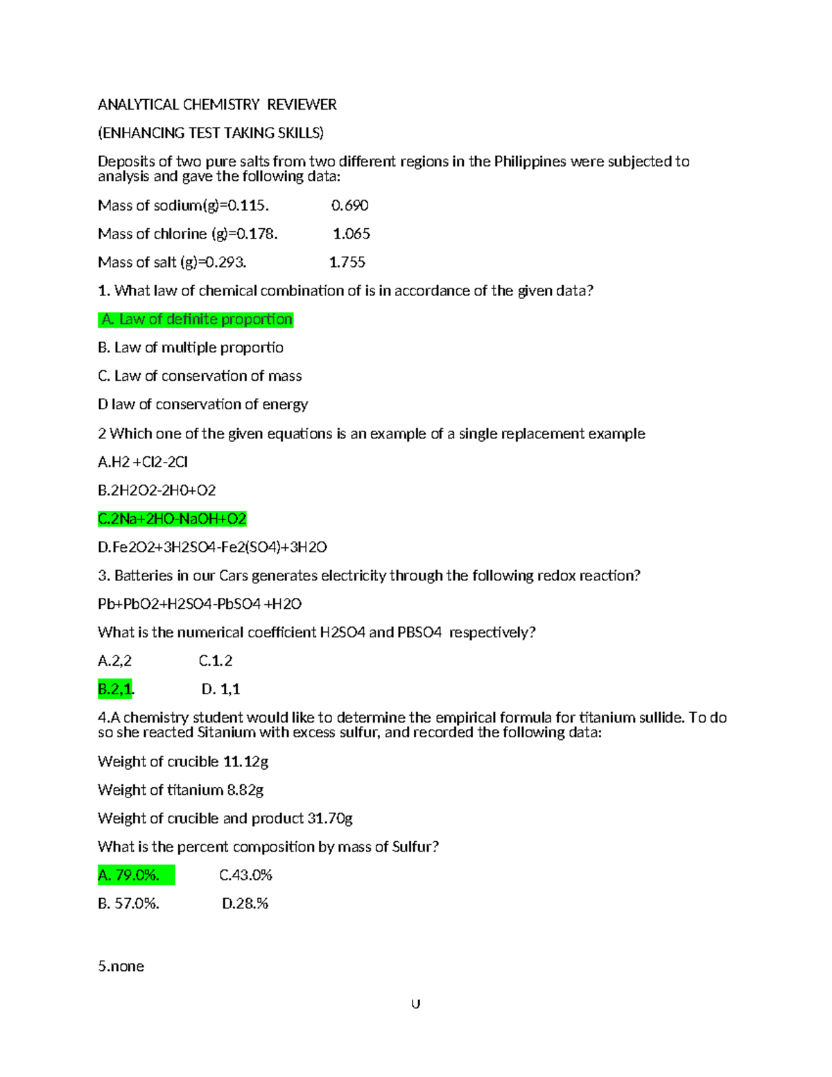 ANALYTICAL CHEMISTRY REVIEWER (ENHANCING TEST TAKING SKILLS) - Studocu