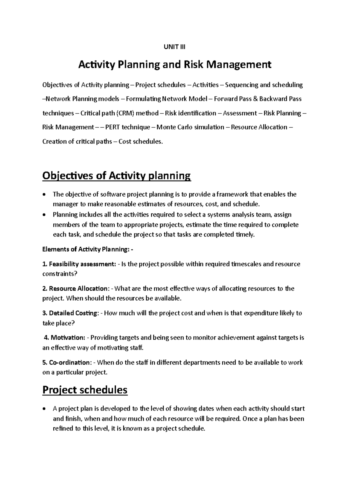 Unit 3 SPM: Activity Planning & Risk Management Notes for Projects ...