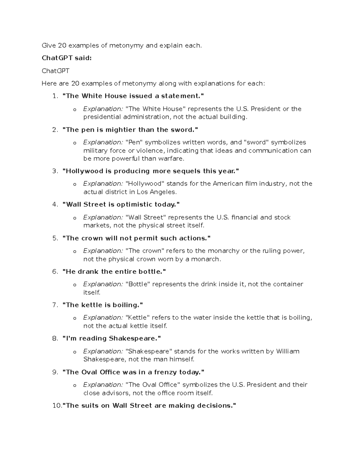 20 Examples of Metonymy with Explanations for ENG101 - Studocu