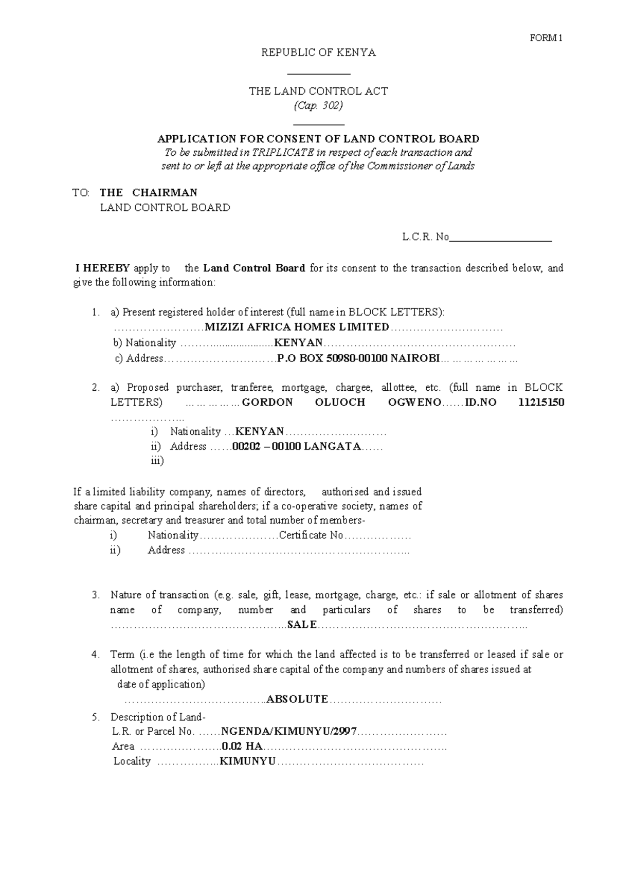 Land Control Act - Application for Consent Form 1 - LCB/2023 - Studocu