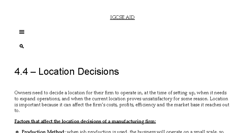 IGCSE Business Studies 0450: Location Decisions Overview - Studocu