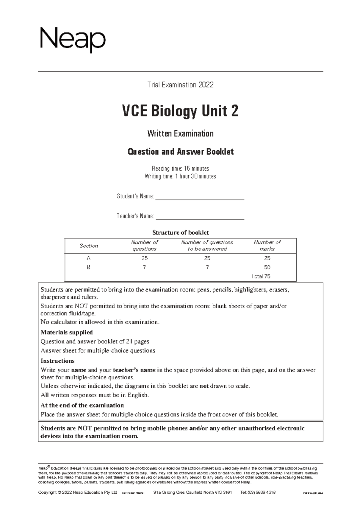 VCE Biology Unit 2 Trial Exam Question & Answer Booklet 2022 - Studocu