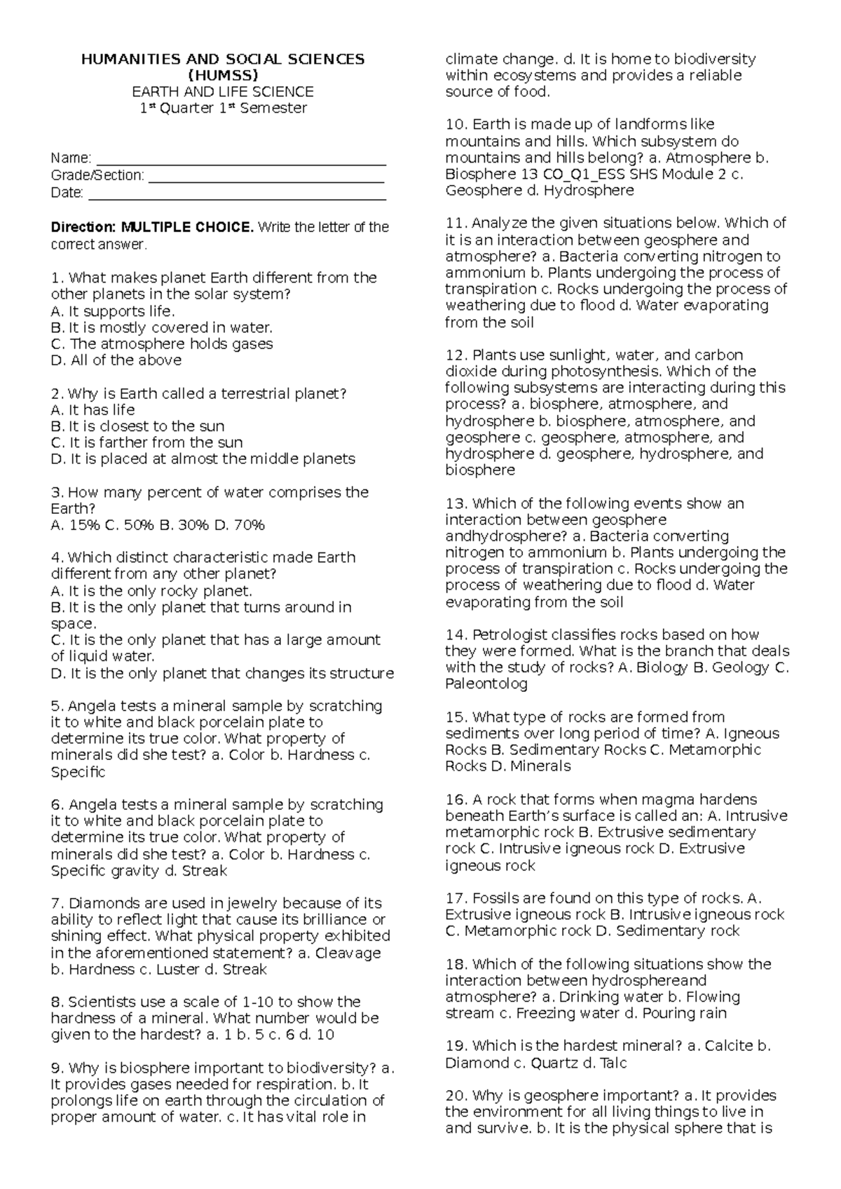 HUMSS Q1 Earth and Life Science Multiple Choice Questions - Studocu