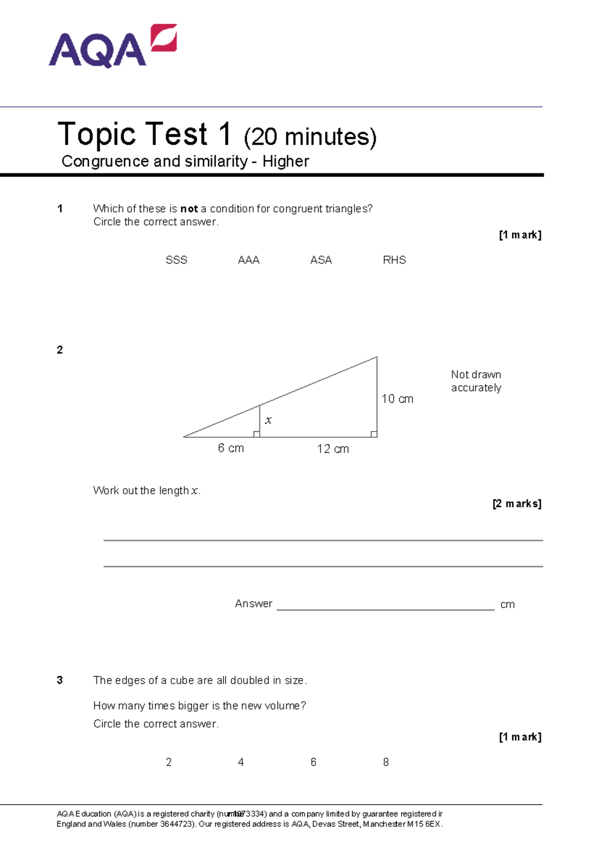 Congruence and Similarity (H) Topic Test 1 - 20 Min - Studocu
