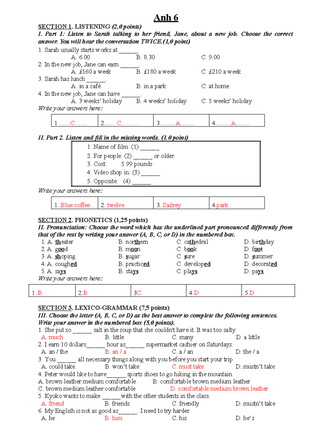 Anh 6 Listening & Phonetics Practice Test - Studocu