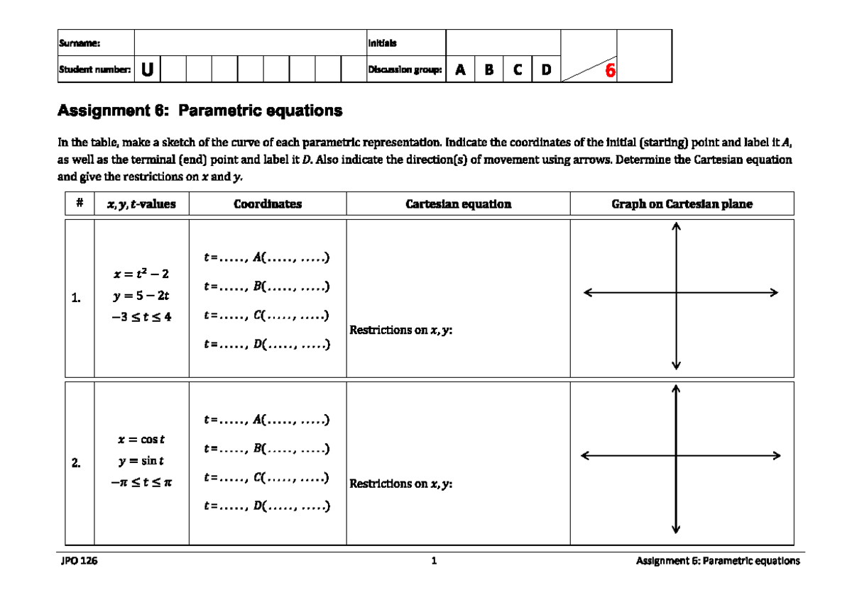JPO 126 Assignment 6: Parametric Equations Analysis and Graphs - Studocu