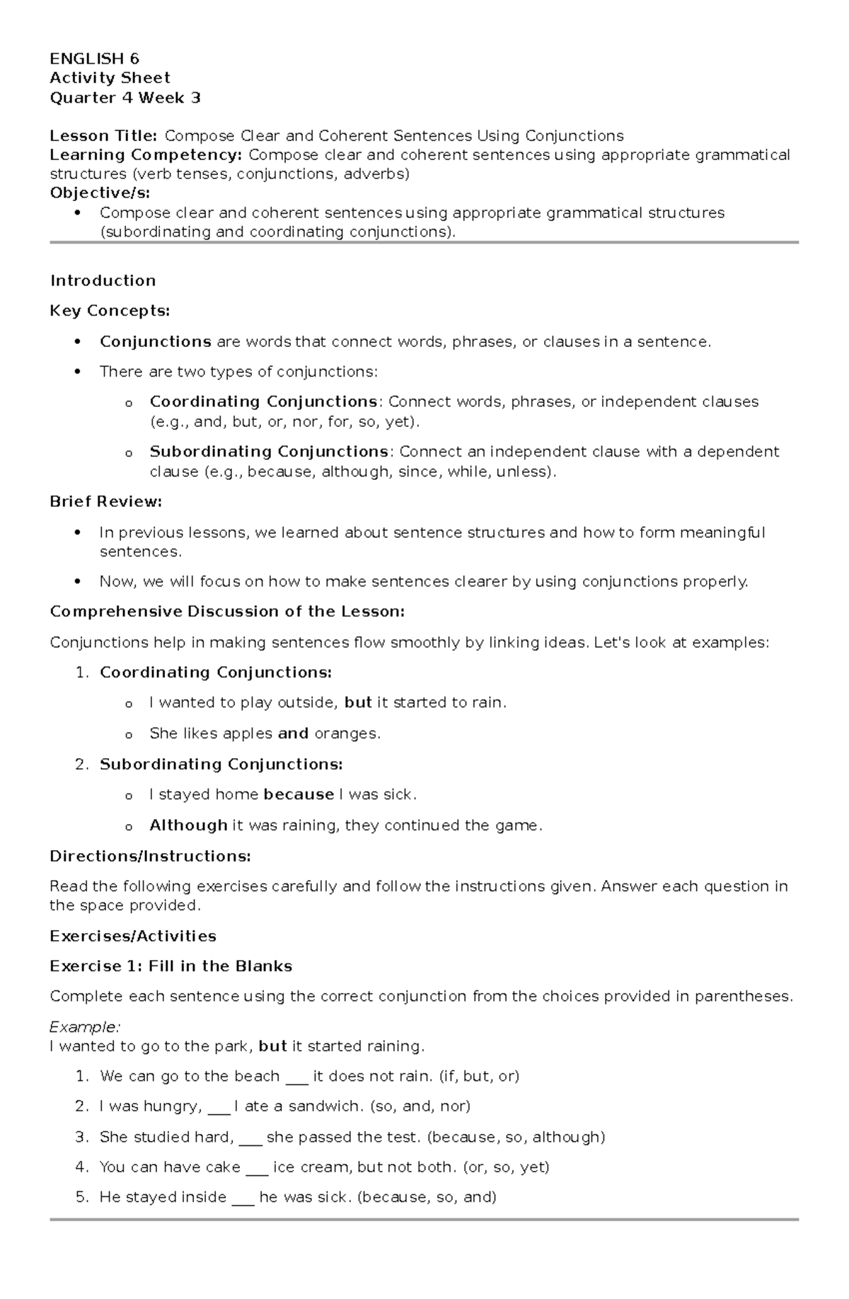 ENGLISH 6 Q4 W3 Lesson: Clear Sentences with Conjunctions - Studocu