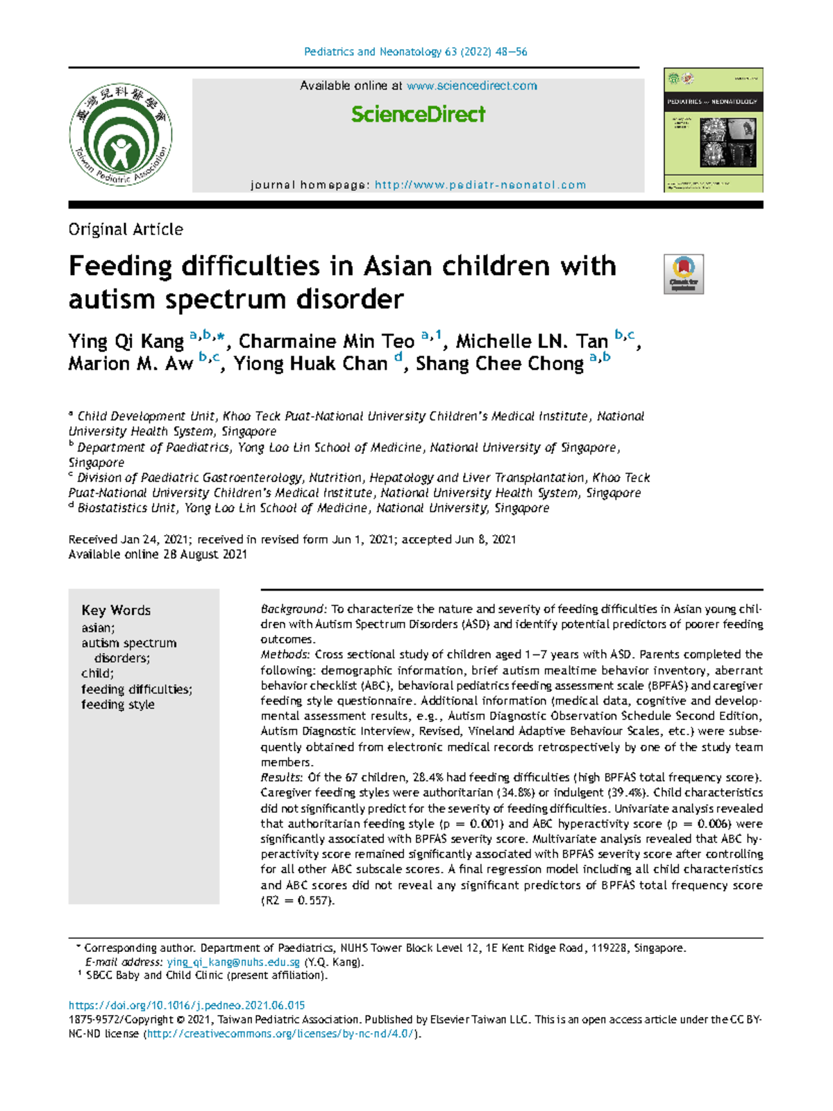 Feeding difficulties in Asian children with autism spectrum disorder ...