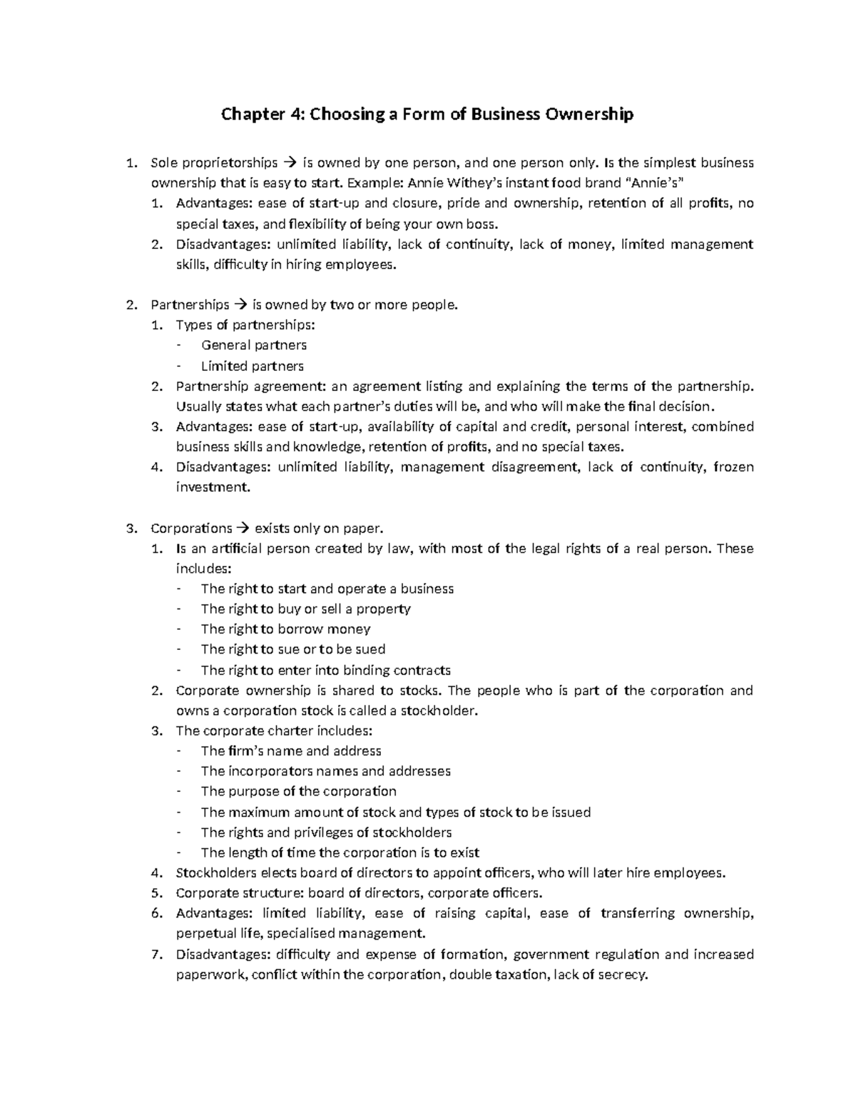 Business Ownership Types - Chapter 4 Insights - Studocu