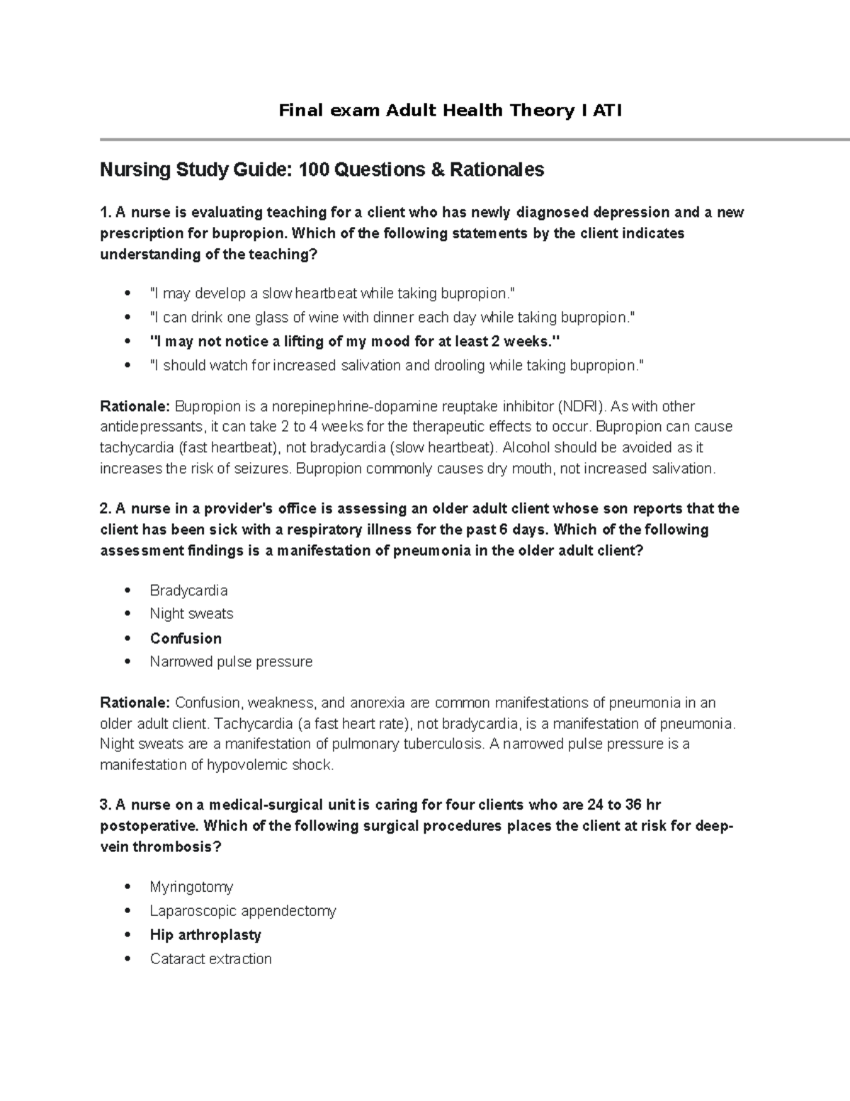 Final Exam Study Guide: Adult Health Theory I ATI Nursing (100 Qs ...