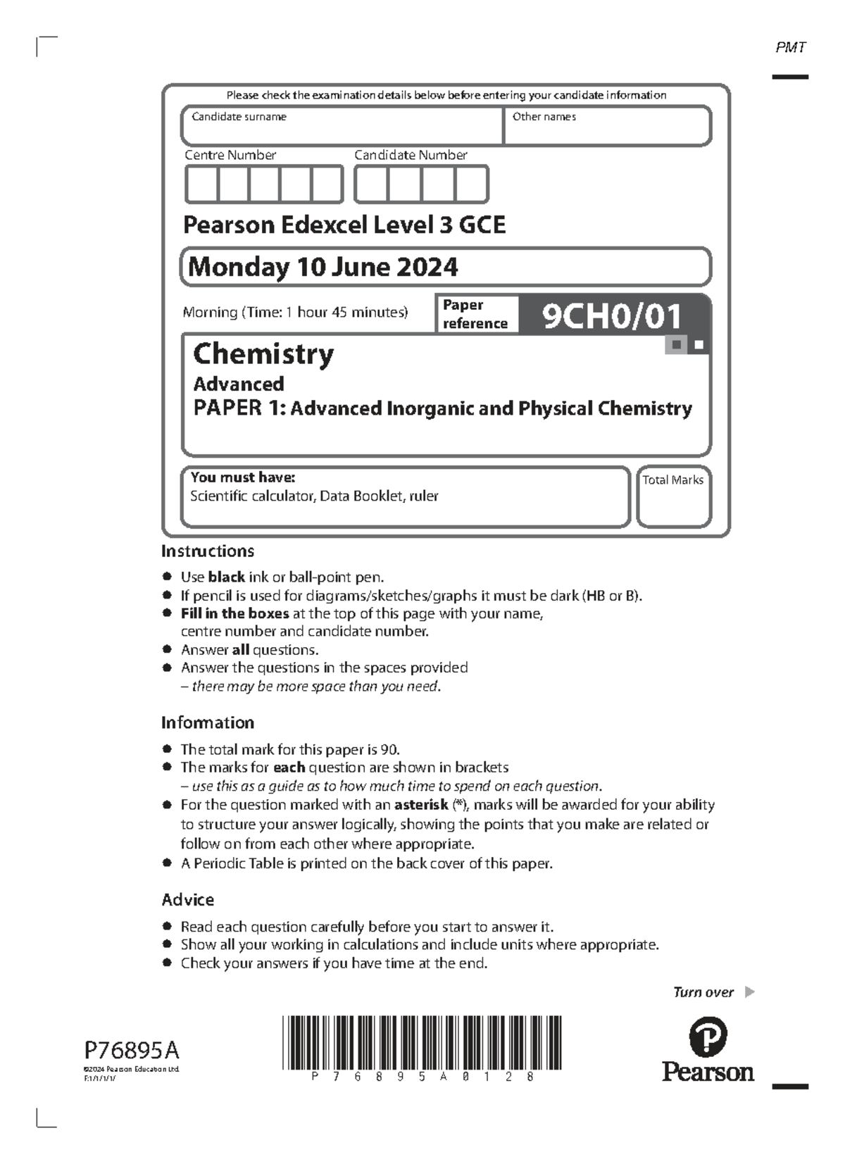 June 2024 Edexcel A-Level Chemistry Paper 1 Examination Details - Studocu