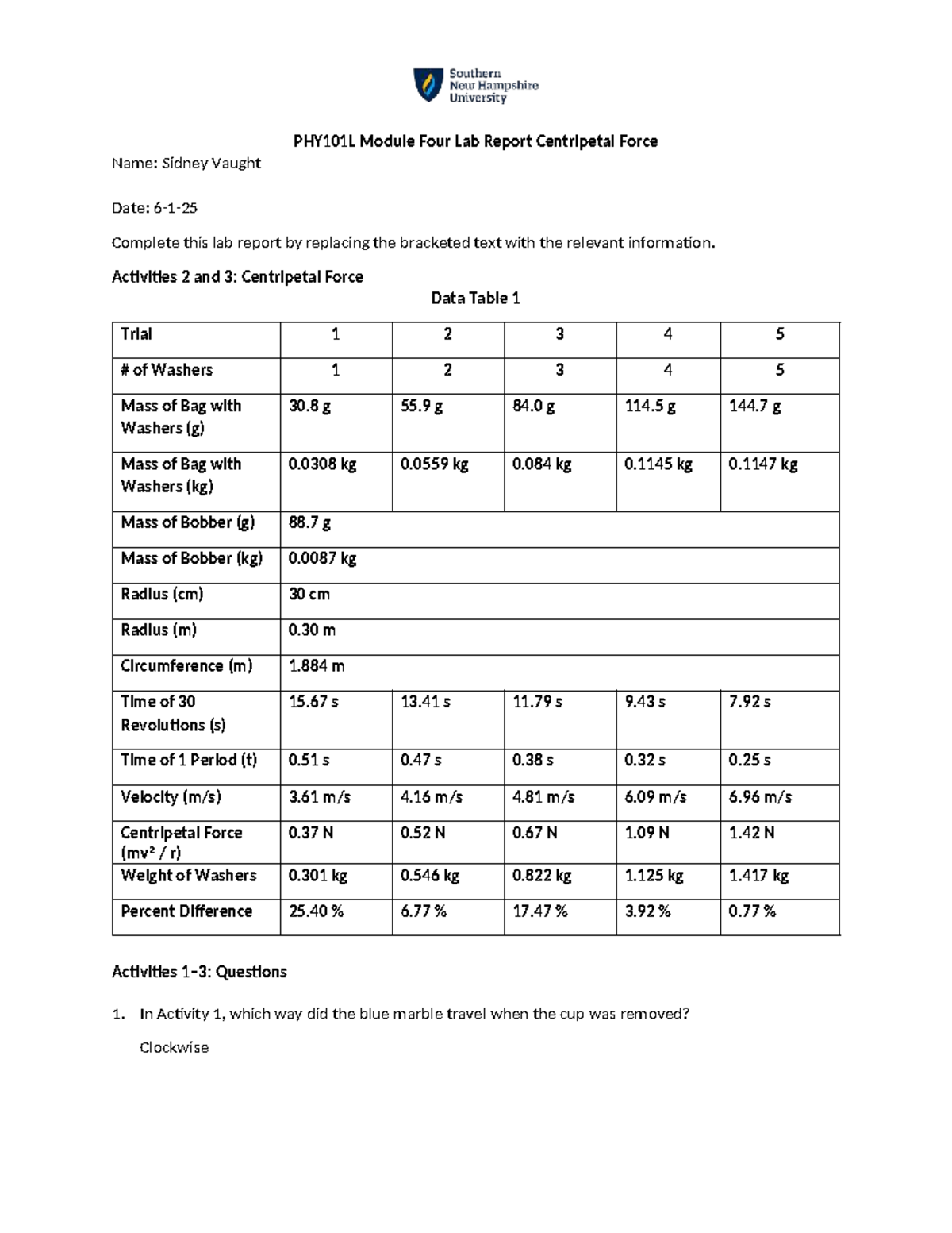 PHY101L Module 4 Lab Report: Analyzing Centripetal Force Data - Studocu