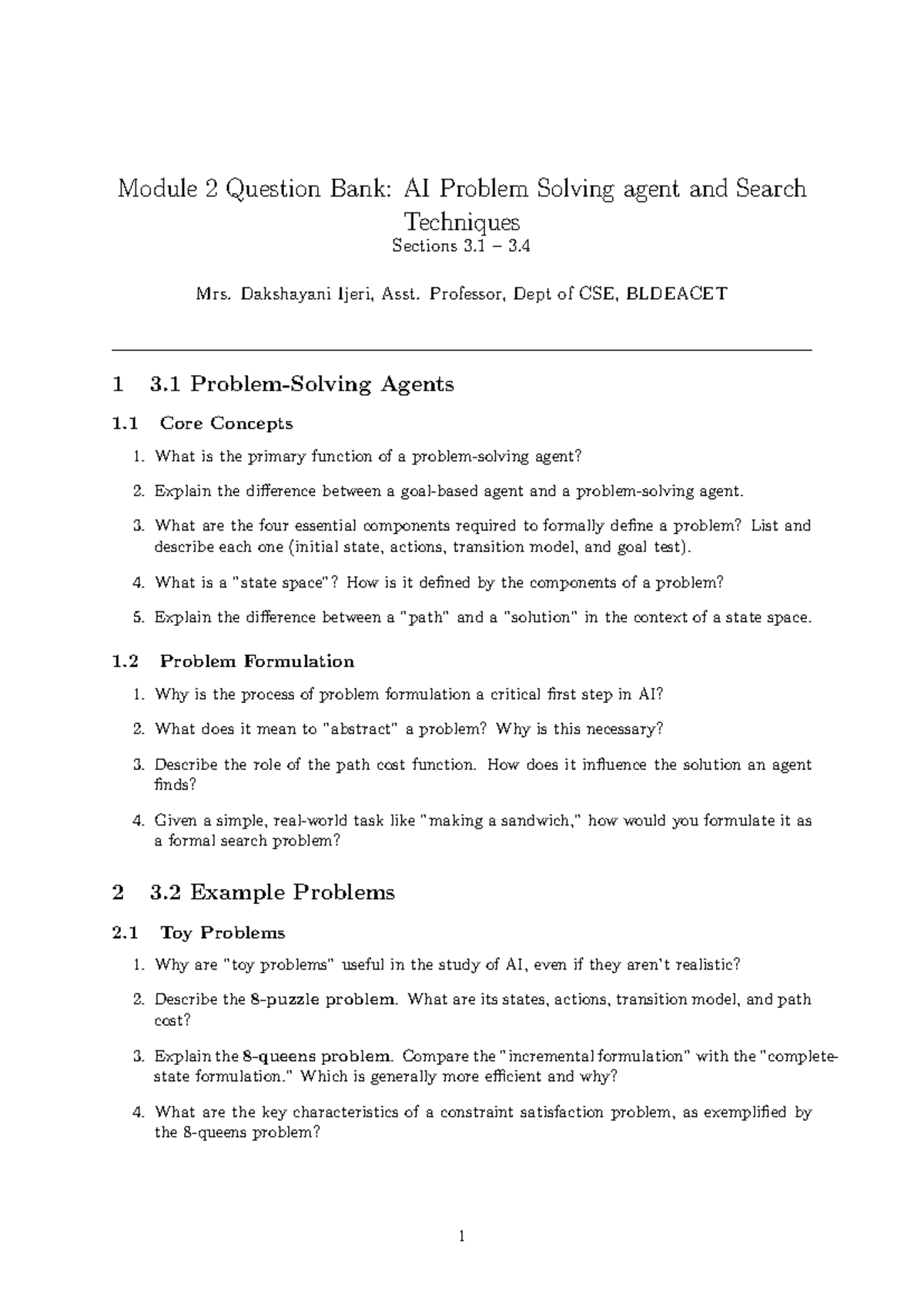 AI CSE Module 2 Question Bank: Problem Solving & Search Techniques ...