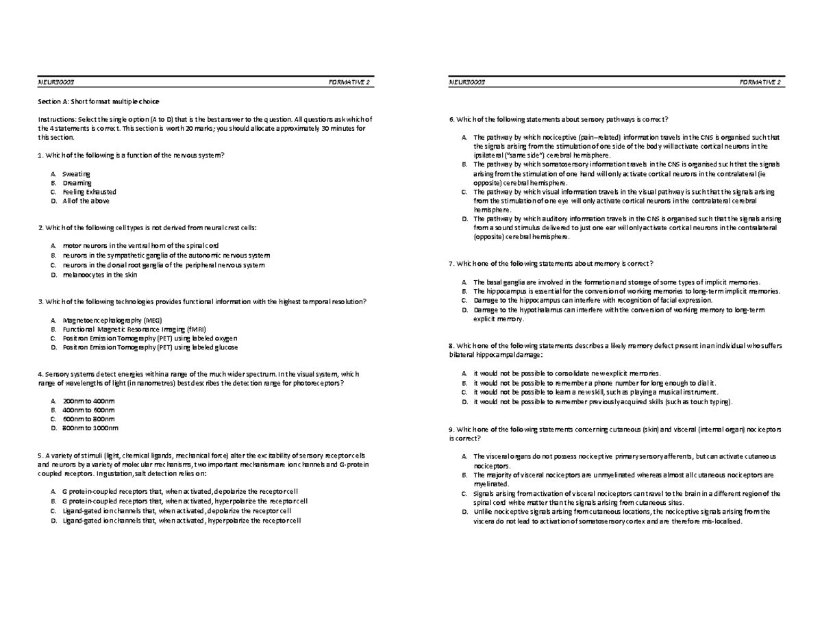 NEUR30003 Formative 2 Exam - Short Format Multiple Choice Questions ...