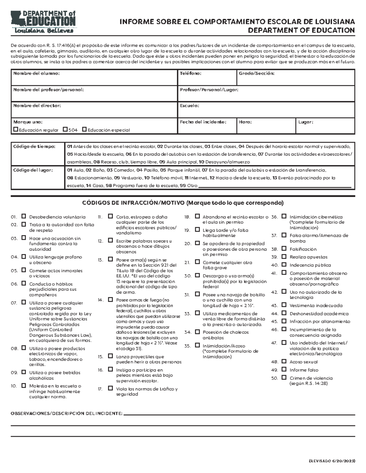 School behavior report (spanish) - INFORME SOBRE EL COMPORTAMIENTO ...