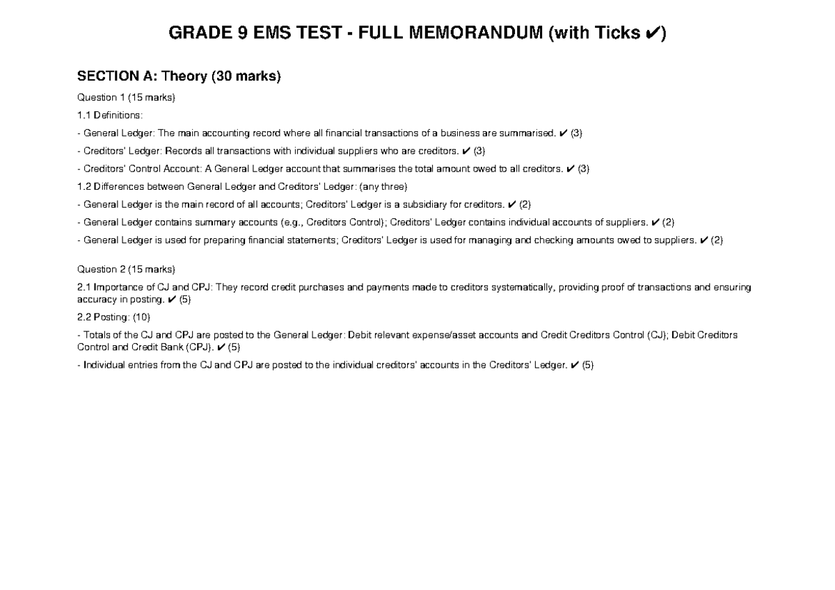 GRADE 9 EMS TEST MEMO WITH TICKS: FULL MARKING GUIDE - Studocu