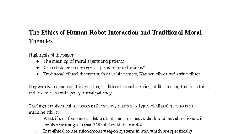The Ethics of Human-Robot Interaction: A Study on Moral Theories - Studocu