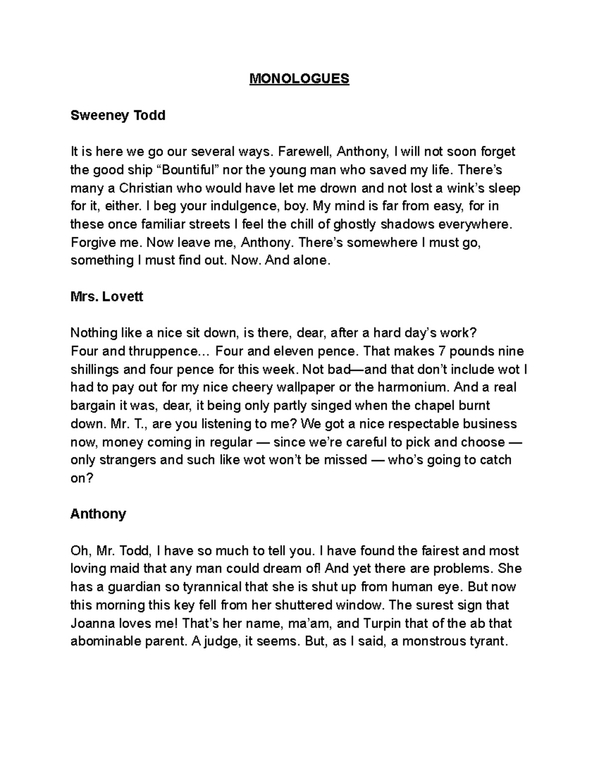 Sweeney Todd: Audition Monologues & Callback Songs (Drama 101) - Studocu