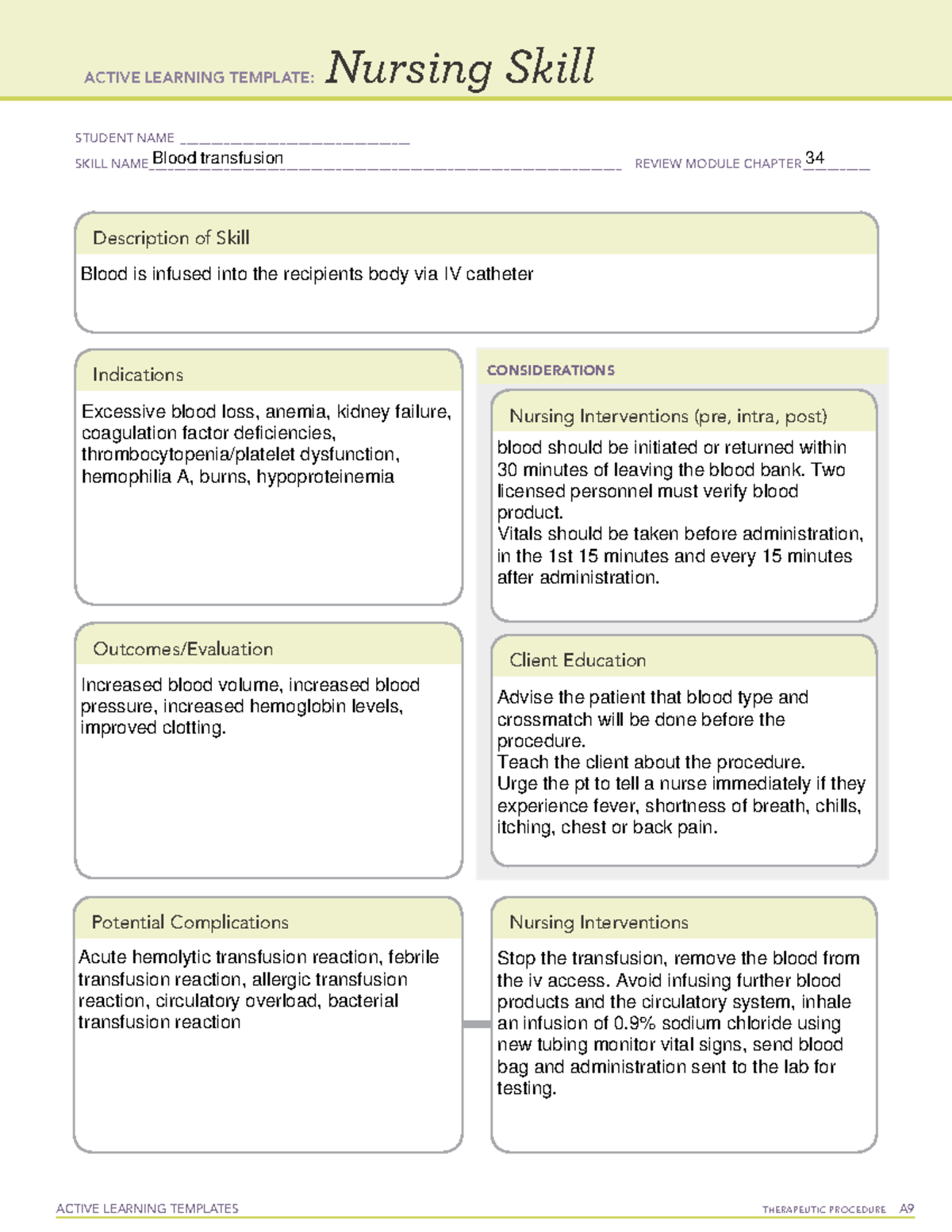 Blood Transfusion Skill Overview ALT - Nursing Procedure Guide - Studocu