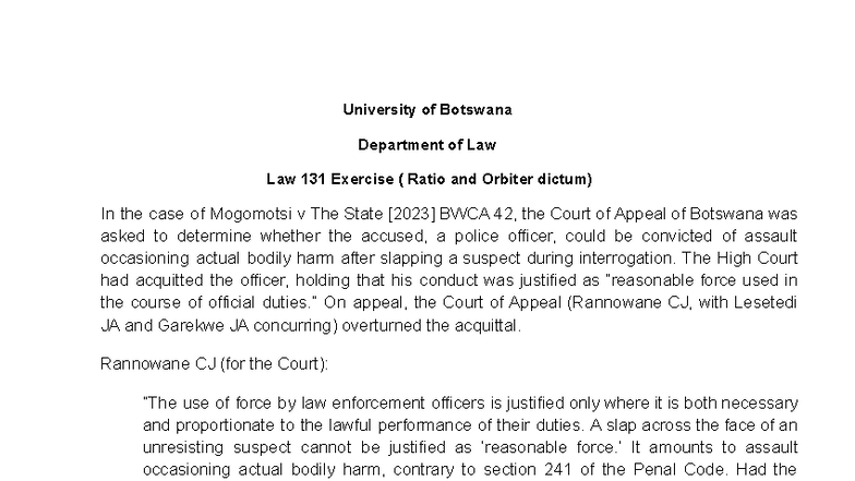 Law 131 - Ratio Decidendi & Obiter Dicta in Mogomotsi v The State - Studocu