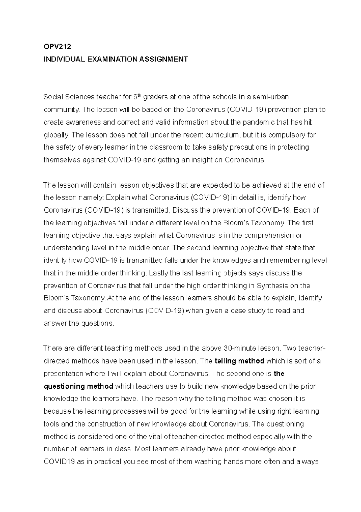 OPV 212 Individual Exam Assignment: COVID-19 Awareness Lesson Plan ...