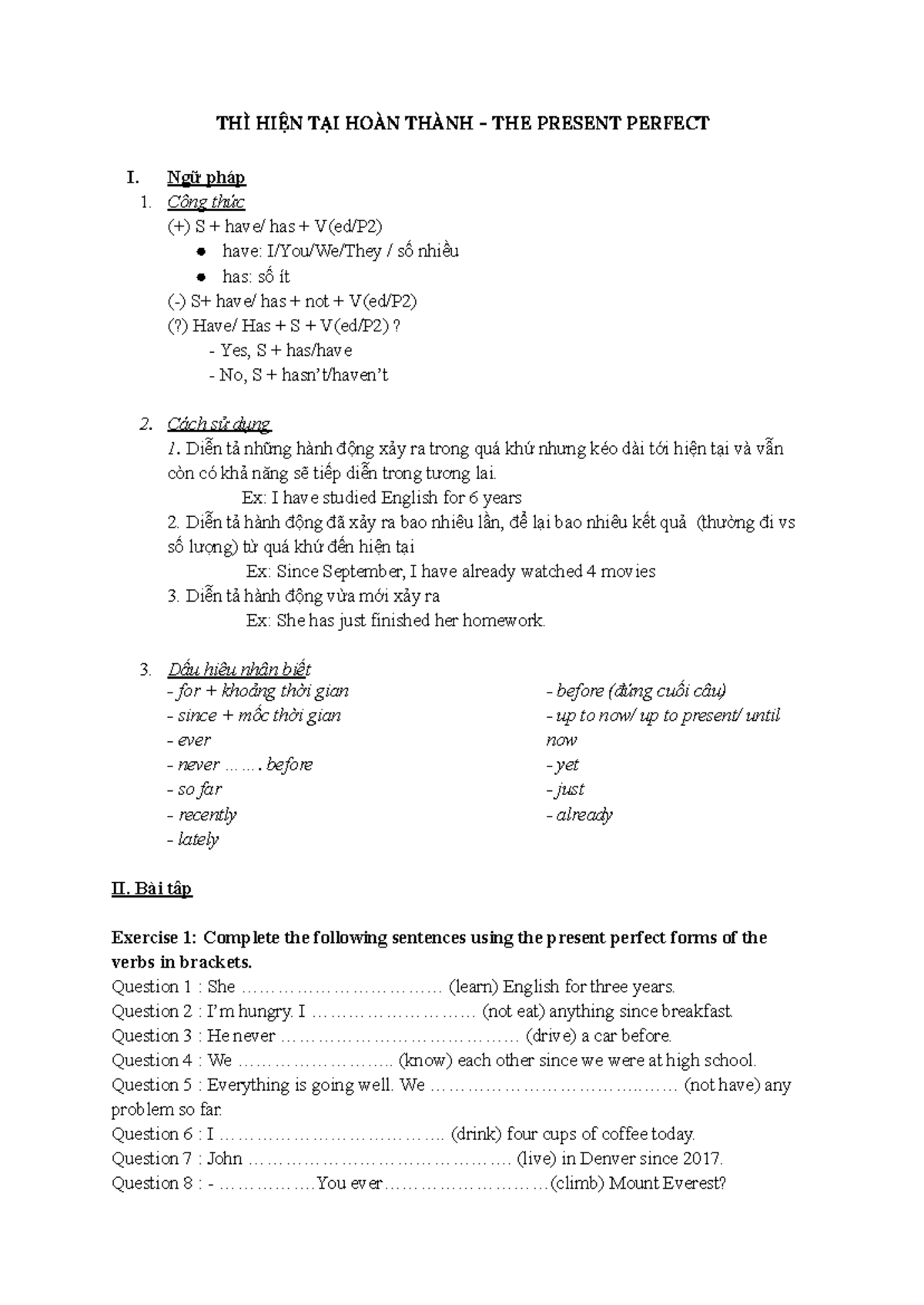 THÌ HIỆN TẠI HOÀN THÀNH - THE PRESENT PERFECT GRAMMAR NOTES - Studocu