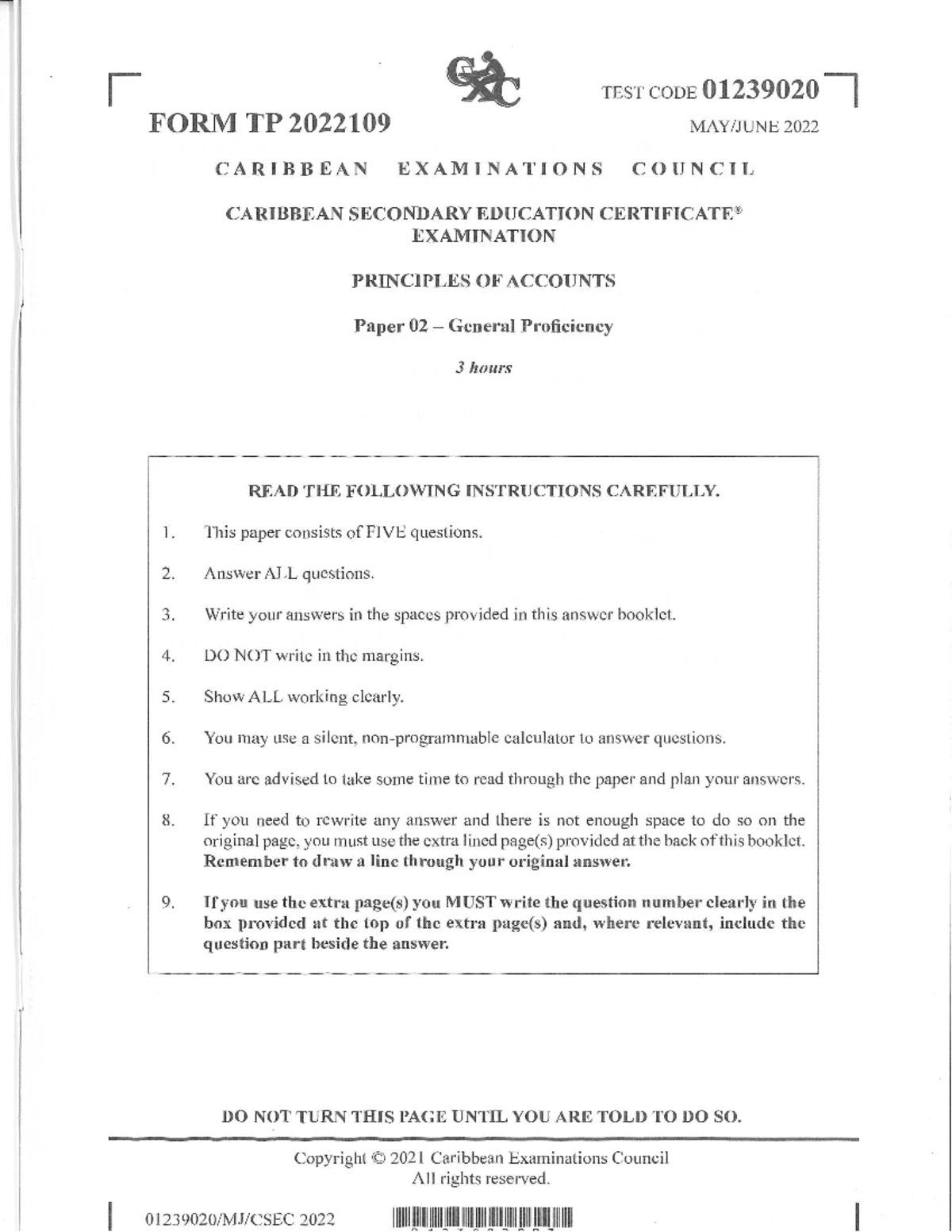 POA PP1-2020 - CSEC 2024 - FORM TP 2020027 TEST CODE 01239010 J ANU ARY ...