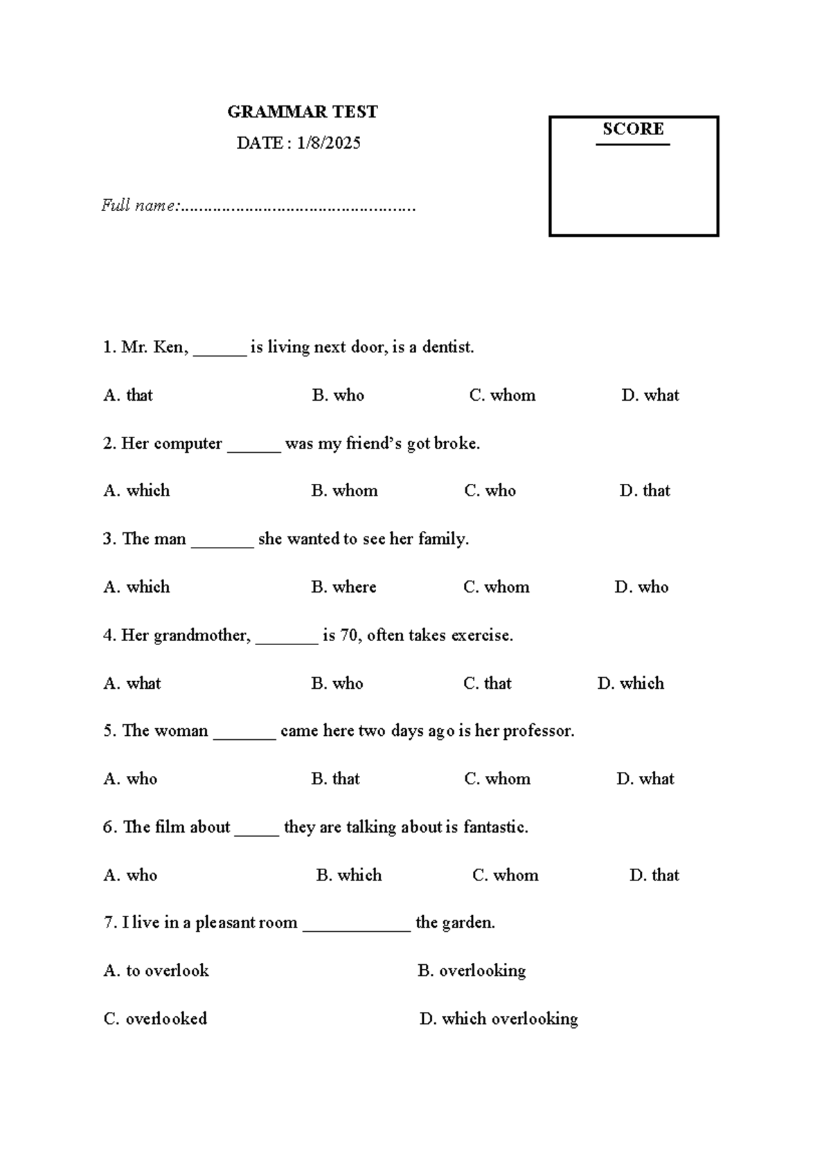 Grammar Test July - English 8 - Kiểm Tra - Studocu