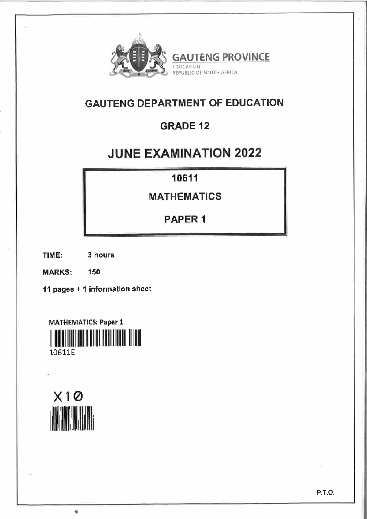 GAUTENG 10611 GRADE 12 MATHEMATICS JUNE EXAM PAPER 1 2022 - Studocu
