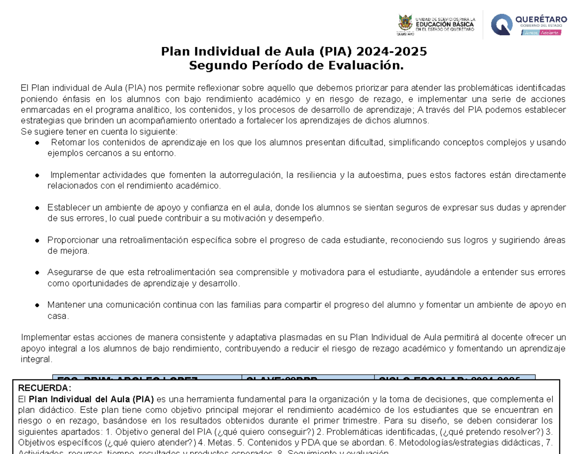 Tercero B: Plan Individual de Aula (PIA) 2024- Estrategias de ...