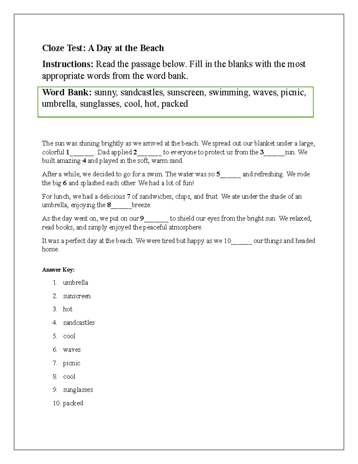 Cloze Test Answer Key - read - Cloze Test: A Day at the Beach ...