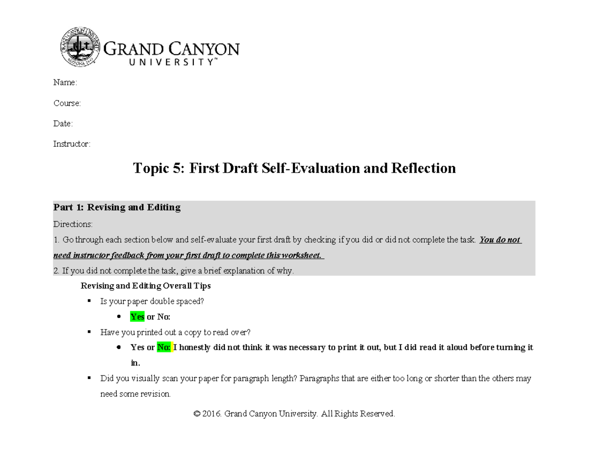 ENG 101: First Draft Self-Evaluation & Reflection Worksheet - Studocu