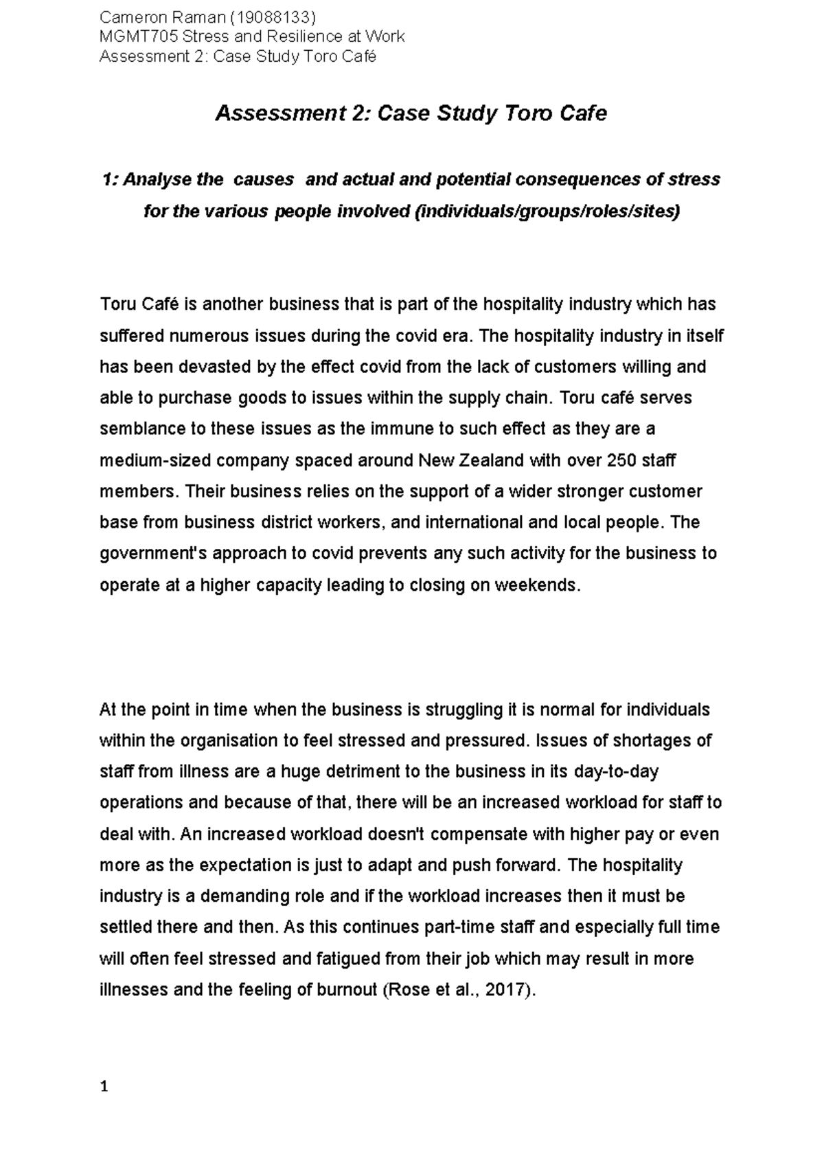 MGMT705 Stress & Resilience at Work: Case Study on Toro Café - Studocu