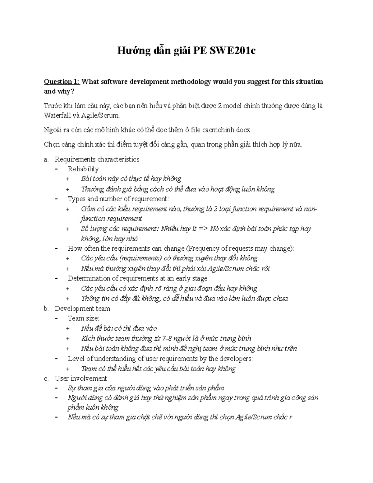 Hướng dẫn giải PE SWE201c: Phương pháp Phát triển Phần mềm - Studocu