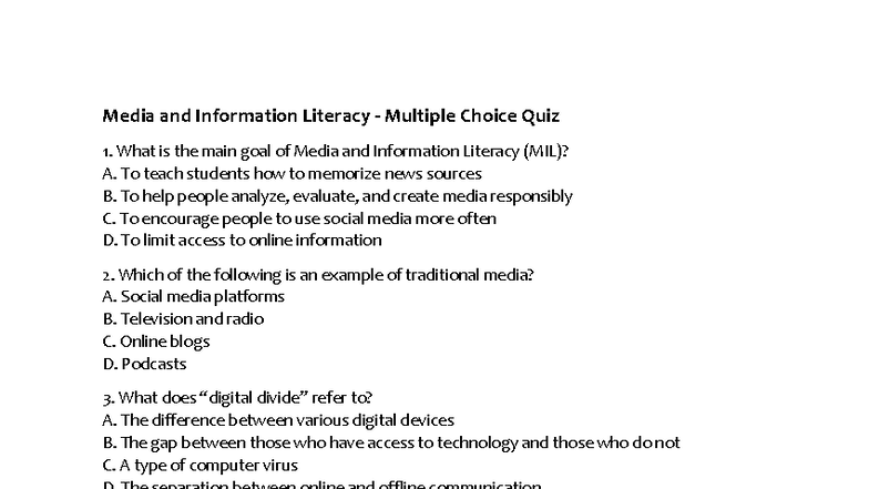 MIL-Quiz 1: Media and Information Literacy MCQs - Studocu