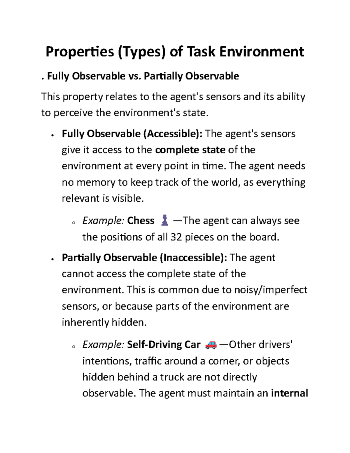 Properties of Task Environment: Observable, Deterministic, Dynamic ...