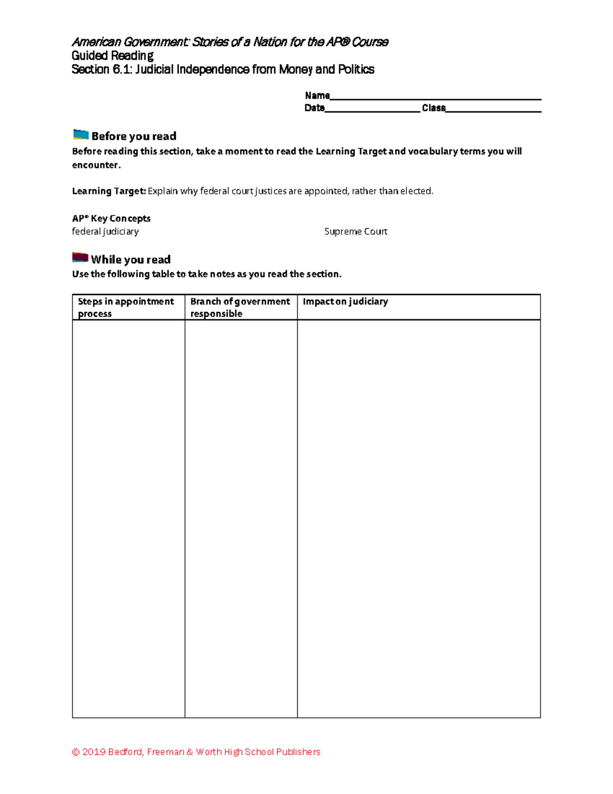 AP® American Government Section 6.1 Guided Reading on Judicial ...