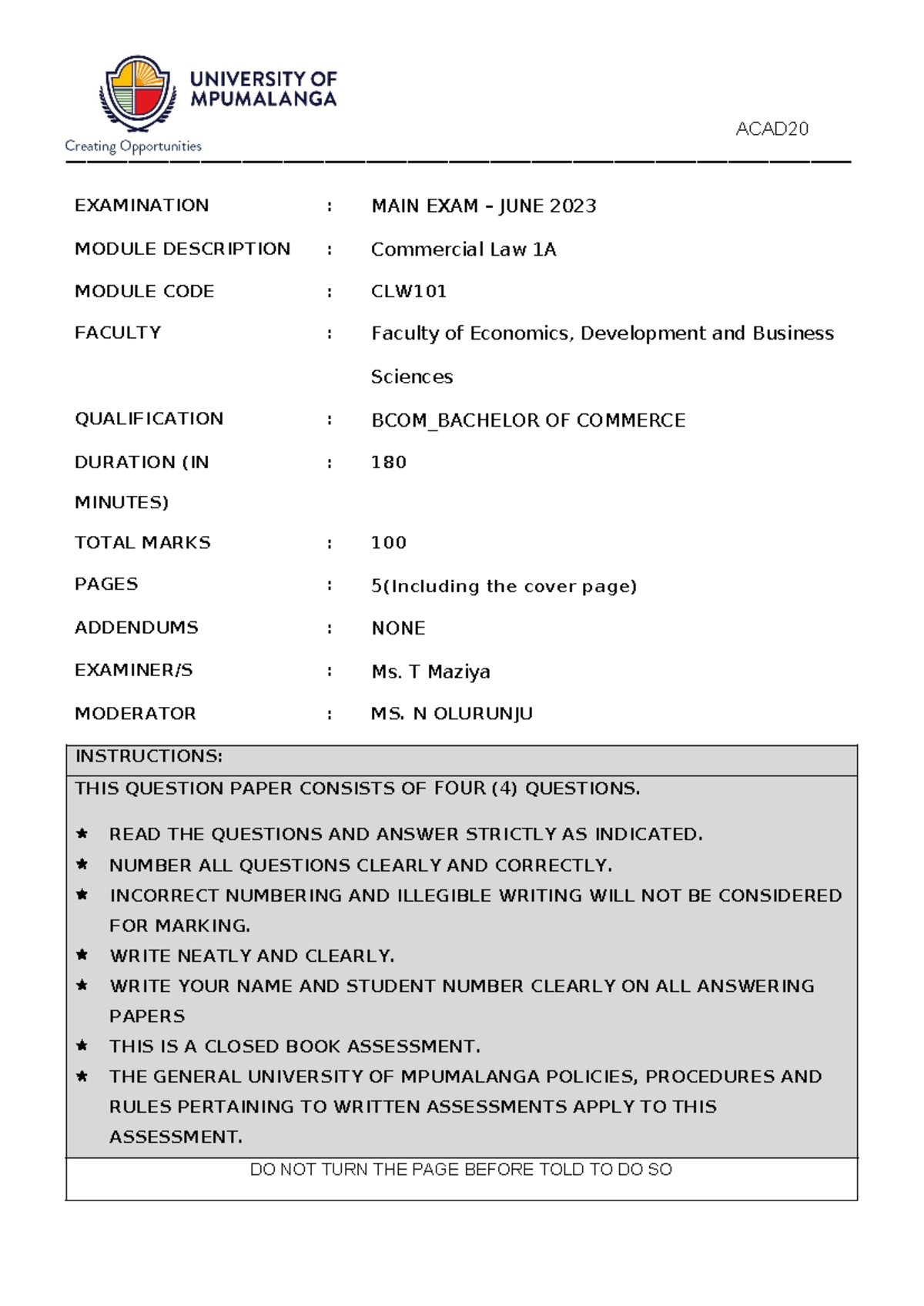 Past exam Paper main - ACAD - Studocu