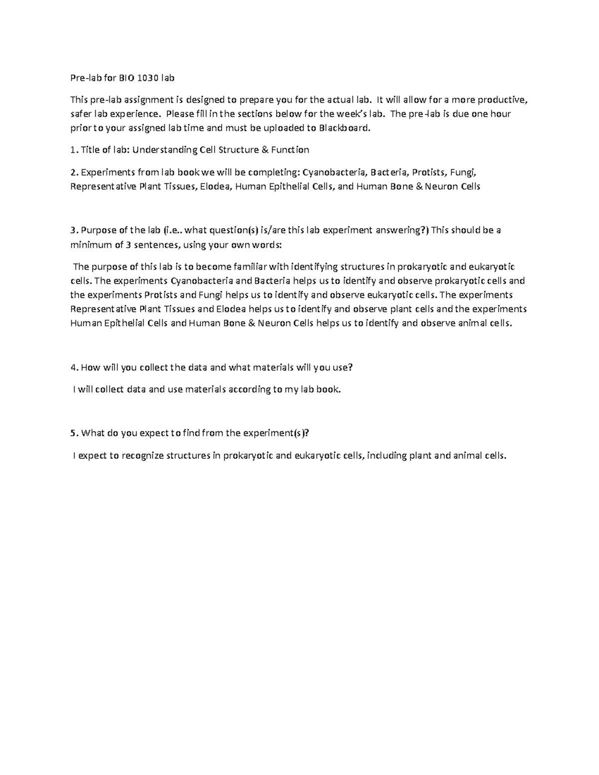 Understanding Cell Structure and Function - Pre-lab for BIO 1030 lab ...
