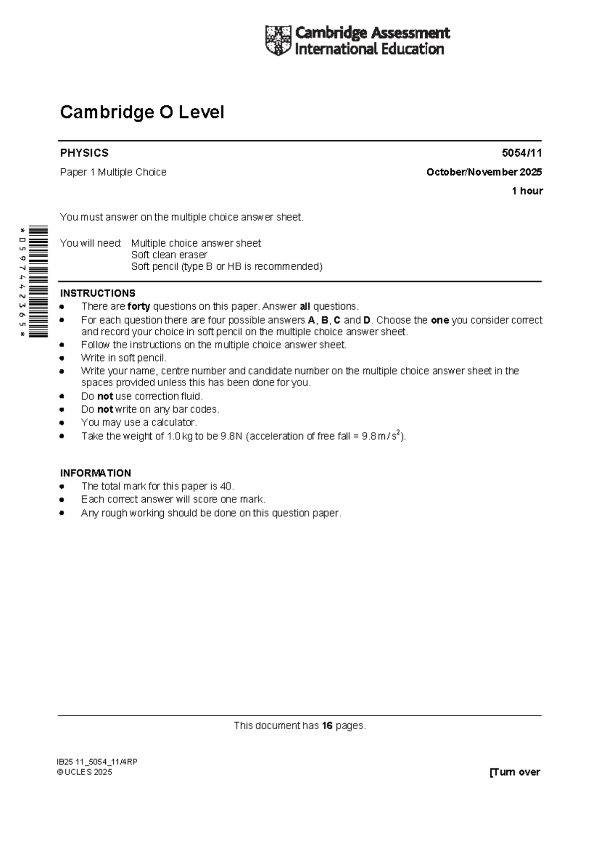 Cambridge O Level PHYSICS Paper 1 MCQ 2025 - 1 Hour Exam Guide - Studocu