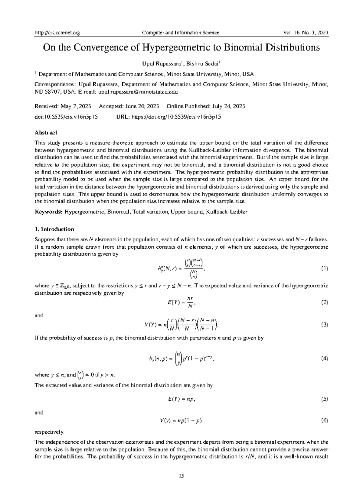 On the Convergence of Hypergeometric and Binomial Distributions (CIS 16 ...