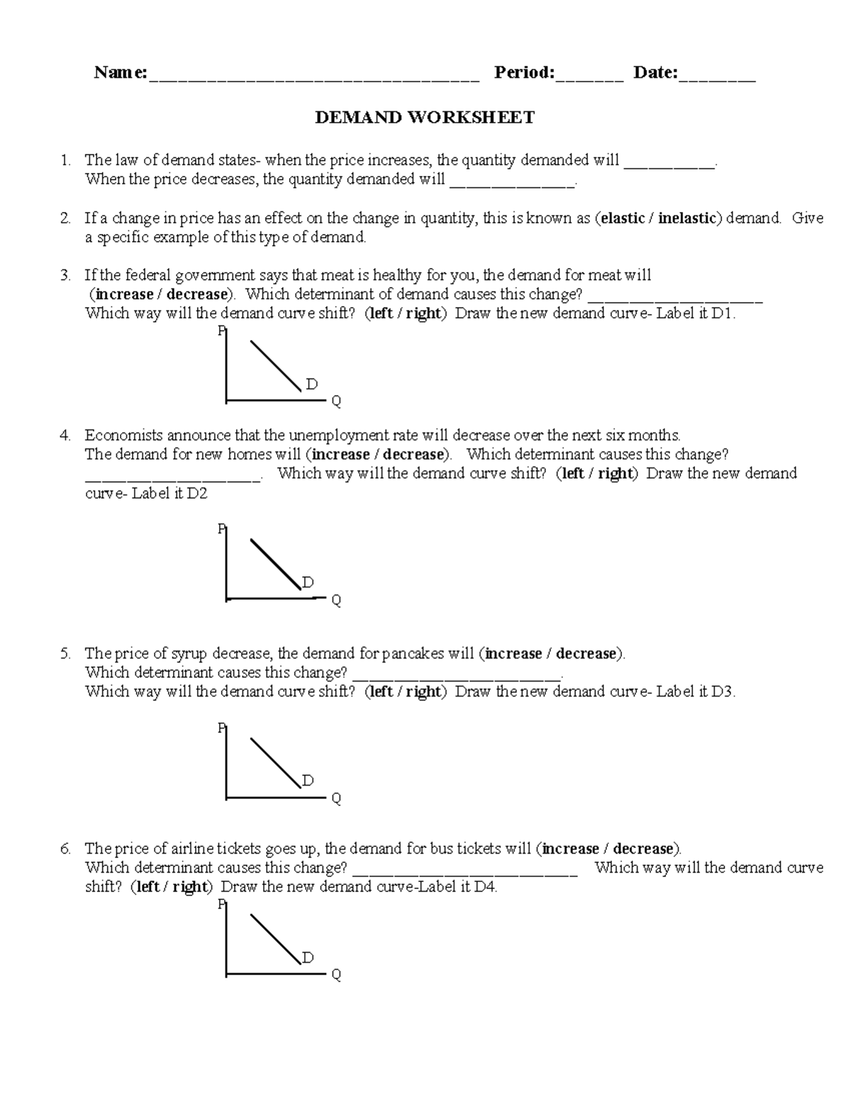 Demand Worksheet 1: Understanding the Law of Demand and Shifts - Studocu