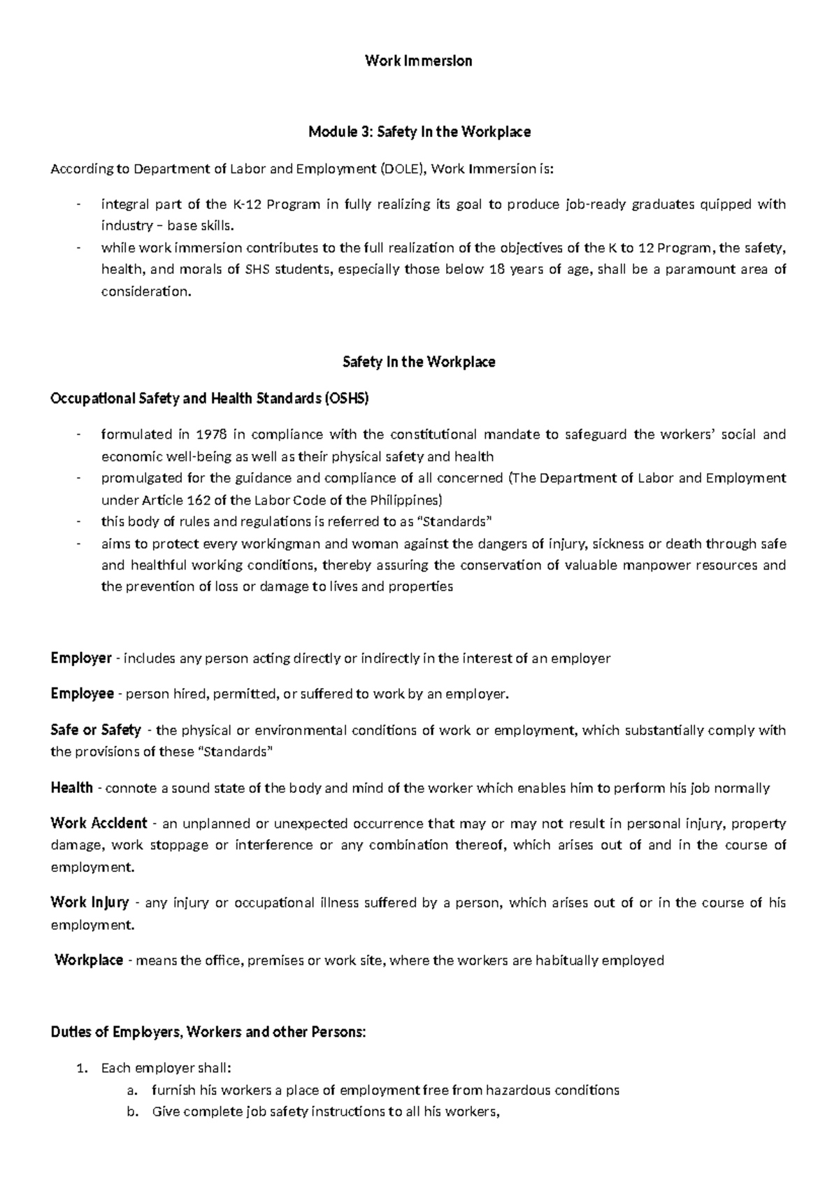 Work Immersion Module 3: Workplace Safety Guidelines and Standards ...