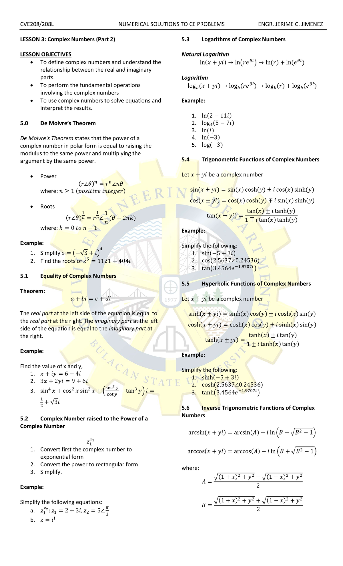CVE208 Numerical Solutions: Complex Numbers & Operations - Studocu