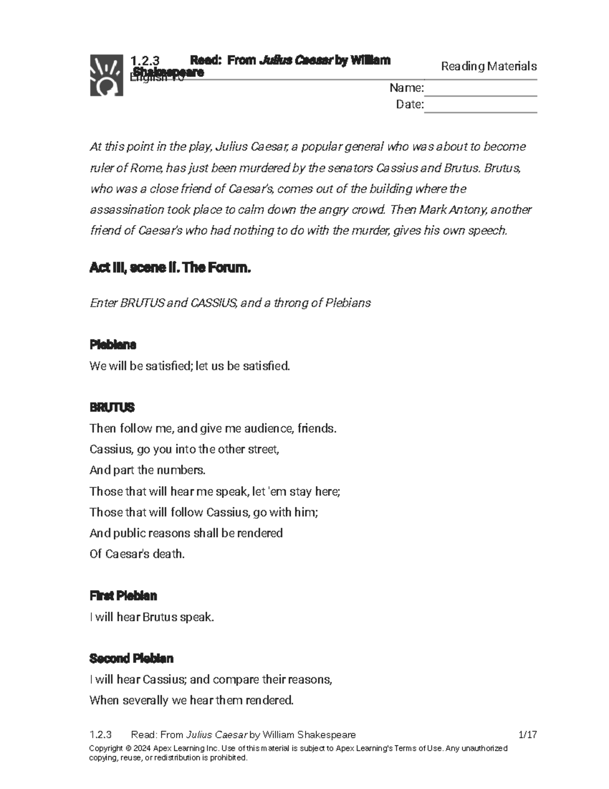 Julius Caesar Act III, Scene ii: Brutus and Antony's Speeches - Read ...